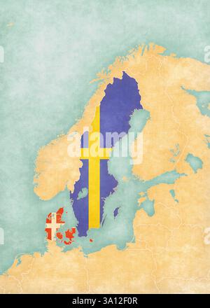 Sweden on the map of Scandinavia in soft grunge and vintage style, like ...