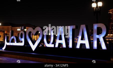 Nighttime view of the iconic I Love Qatar Sign, a symbol in Doha Stock ...