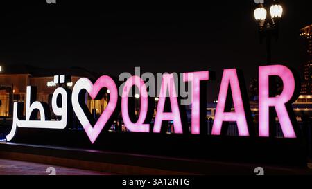 Nighttime view of the iconic I Love Qatar Sign, a symbol in Doha Stock ...