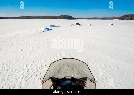 Canada, Quebec province, Matawinie, Kempt Lake, snowmobile raid Stock ...