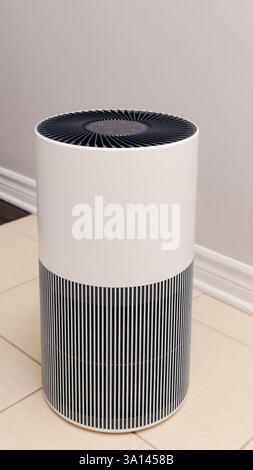 Tall round air purifier with a black top fan and a white body on a tile ...