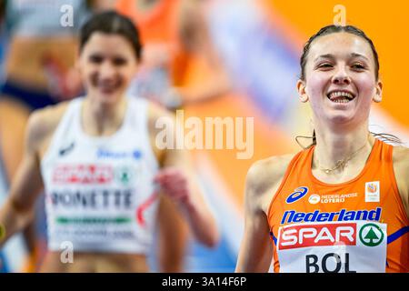 Femke Bol of the Netherlands crosses the finish line winning the women ...