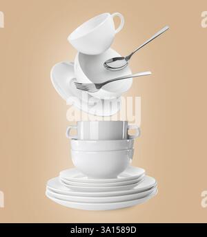 Many kitchenware on beige background. Different color patterns Stock ...