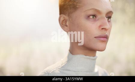 Breathe in the clean forest air, a young woman in the forest takes a breath, calm face, unity ...