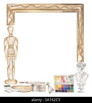 Watercolor hand drawn artist supplies frame illustration, brushes ...