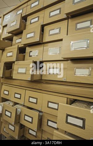 Closeup view of library card catalog drawers Stock Photo - Alamy