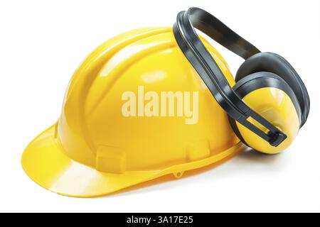 headphones with yellow construction helmet isolated on white Stock ...