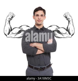 Confident man with drawing of strong arms behind him on white ...
