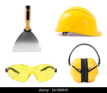 Set of goggles hard hat safety boots on wooden board Stock Photo - Alamy