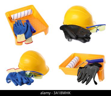 Paint roller tray protective gloves color palette on wooden board Stock ...