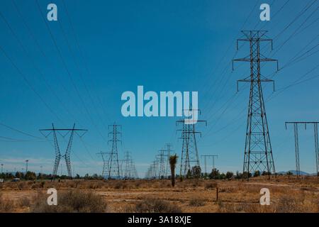 A corridor of power line stanchions bring electricity across the desert ...