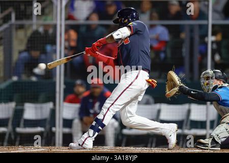 Xavier Edwards #9 of the Miami Marlins hits a double in the second ...