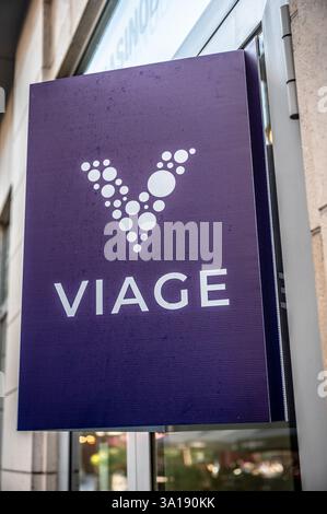 Sign and logo of the Viage casino company, Brussels old town, Belgium ...