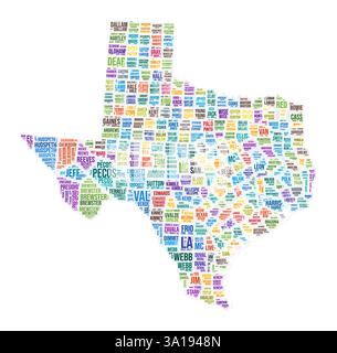 Texas Word Cloud. State shape with county division. Texas typography ...