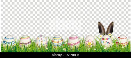 Colored Easter eggs in the green grass, small yellow chickens and ...