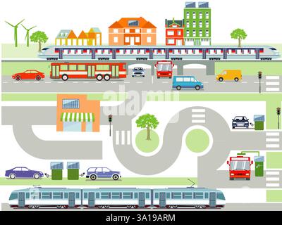 City overview with traffic and houses, information illustration Stock ...