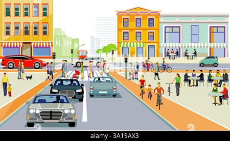City overview of a city with traffic and pedestrians, illustration ...