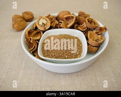 Brown granules of walnut shells, ground nutshells Stock Photo - Alamy