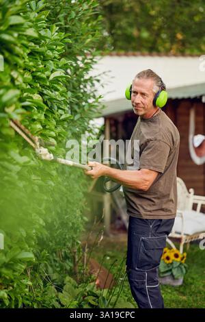 Gardener trimming a hedgerow using a hedge trimmer in the garden of a ...