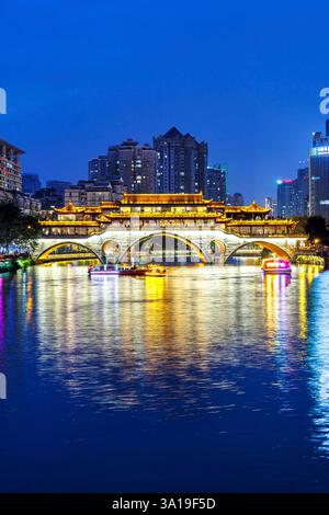 Chengdu Anshun Bridge over Jin River with Pagoda at night in Chengdu ...