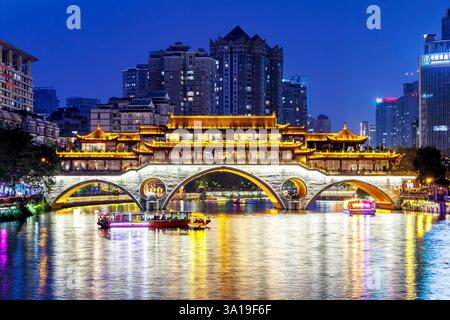 Chengdu Anshun Bridge over Jin River with Pagoda at night in Chengdu ...