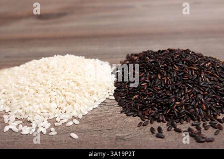 different types of rice on brown background Stock Photo - Alamy