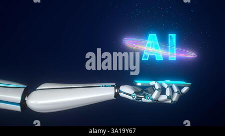 Humanoid robot hand with a smartphone text AI. 3d illustration Stock ...