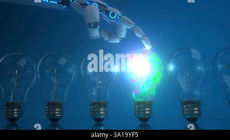 Humanoid robot hand with a bulb. 3d illustration Stock Photo - Alamy