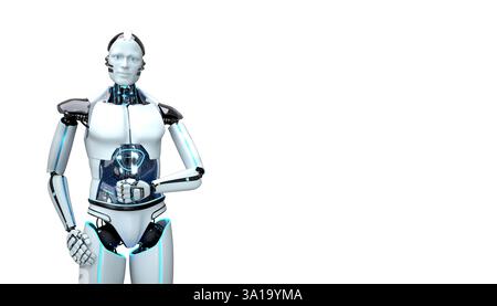 A white humanoid robot in the front of a white background. 3d ...