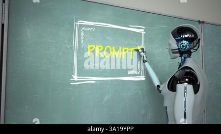 Humanoid robot teacher writing the word Prompt on the chalkboard. 3d ...