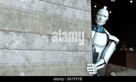 Humanoid robot spies behind the wall. 3d illustration Stock Photo - Alamy
