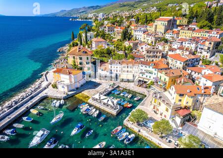 Town of Volosko turquoise waterfront aerial panoramic view, Kvarner bay ...