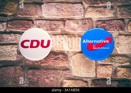 PHOTOMONTAGE, CDU and AfD party badges in front of wall with warning ...