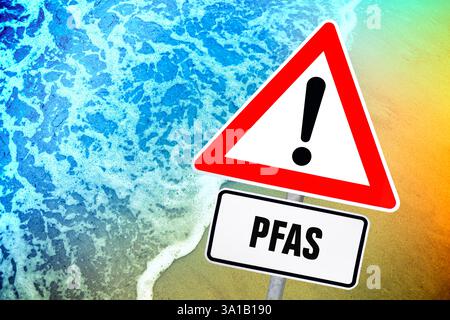 Sign with exclamation mark and inscription PFAS before waves, PFAS ...