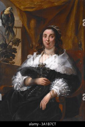 A late 17th-century portrait of a lady in a blue dress adorned with ...