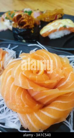 Japanese food delicacy consisting sashimi salmon of very fresh raw ...