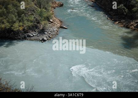 confluence of two rivers of different colors, emerald green and ...