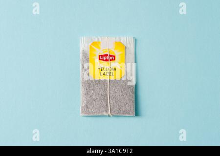 Antalya, Turkey - March 6, 2025: Lipton Yellow Label tea bag on blue ...