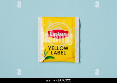 Antalya, Turkey - March 6, 2025: Lipton Yellow Label tea bag on blue ...