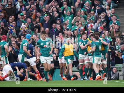 Ireland's Dan Sheehan celebrates scoring their side's first try of the ...