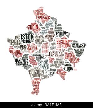Kosovo shape. Country word cloud with region division. Kosovo colored ...