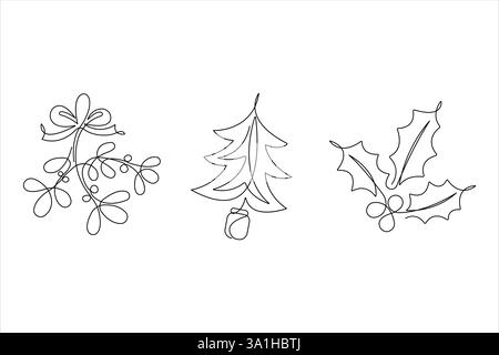 Holly mistletoe one continuous line art element. Line art sketch hand ...