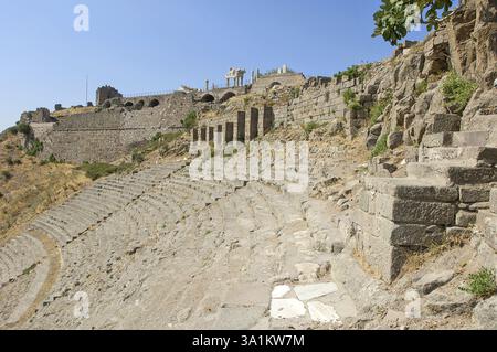 View of amphitheatre built into steep slope right next to it two trees ...