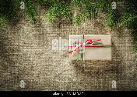 Pine tree twig handmade present box on bagging surface Stock Photo - Alamy