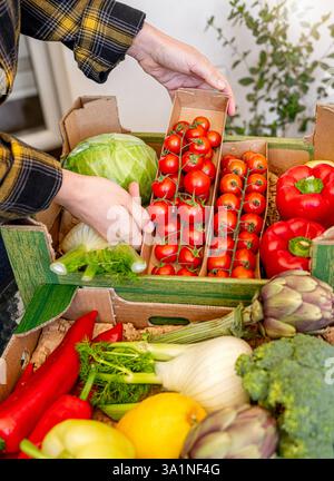 Receiving and unpacking online order with fresh organic farm grown ...