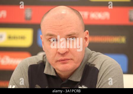 Andrei Razin, head coach of Metallurg Hockey Club seen during a press ...