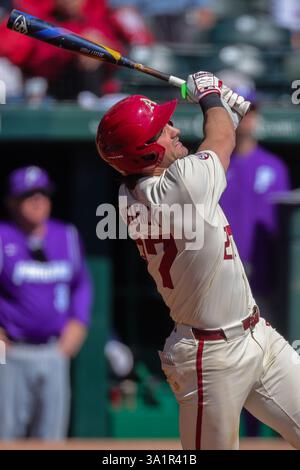 March 9, 2025: Arkansas catcher Ryder Helfrick (27) has a quick ...