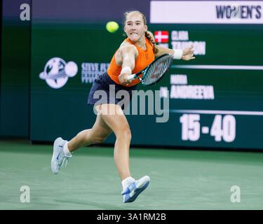 March 9, 2025: Mirra Andreeva hits a shot during her match against Clara Tauson (DEN) in round 3 ...