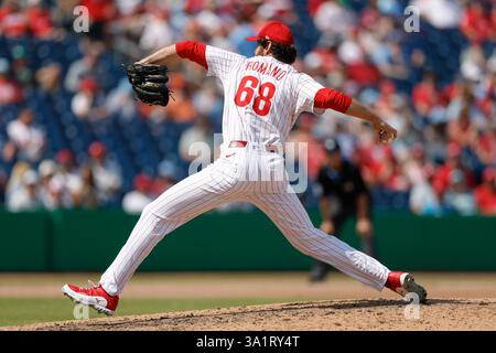 Philadelphia Phillies pitcher Jordan Romano watches a two run homer go ...