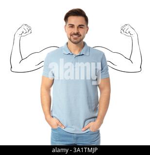 Confident man with drawing of strong arms behind him on white ...